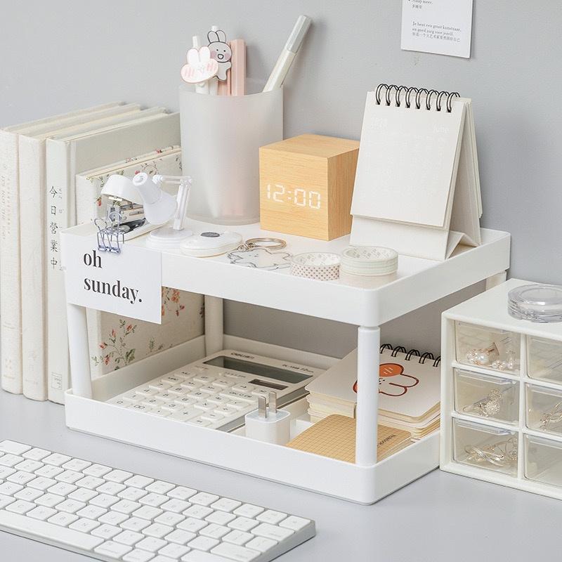 Minimalist Simple White Double Layer Two Tier Desk Organizer Storage ...